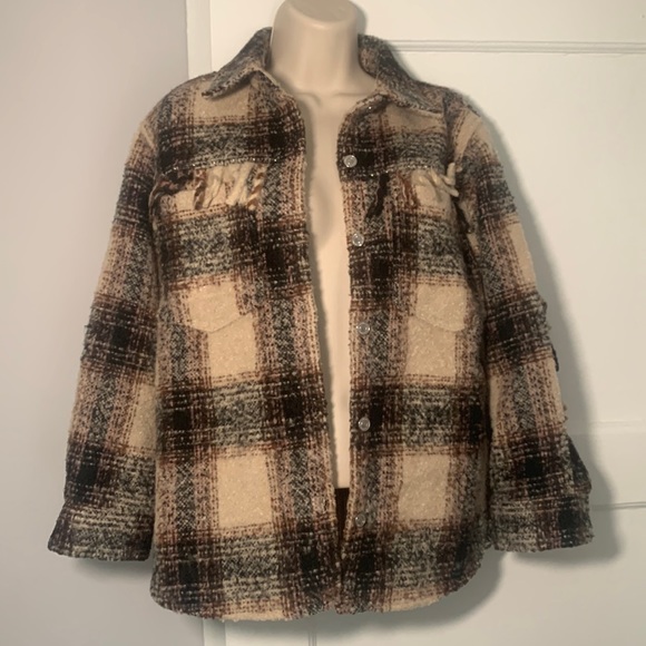 Zara | Jackets & Coats | Zara Plaid Shacket Fringe Cowgirl Brown Cream ...